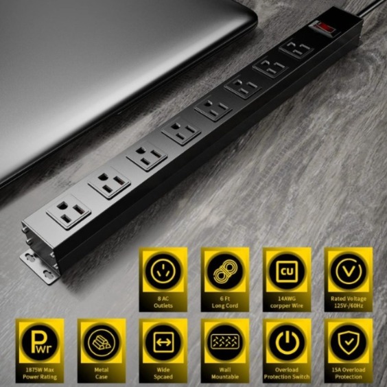 BERIGTTA 8 Outlet Metal Power Strip, Wall Mount Workshop Power Strip ...